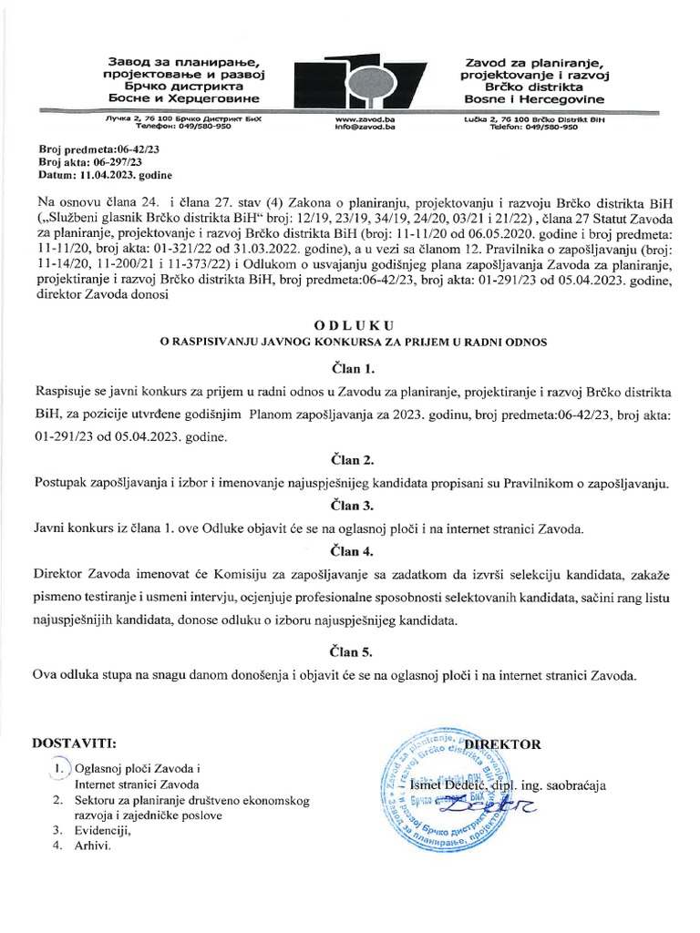 Odluka o Raspisivanju Javnog Konkursa Za Prijem U Radni Odnos | PDF