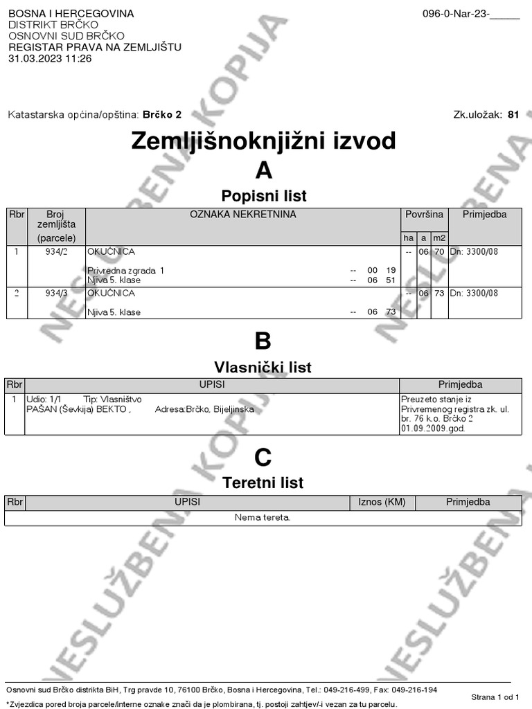 Zemljišnoknjižni Izvod A: Popisni List | PDF