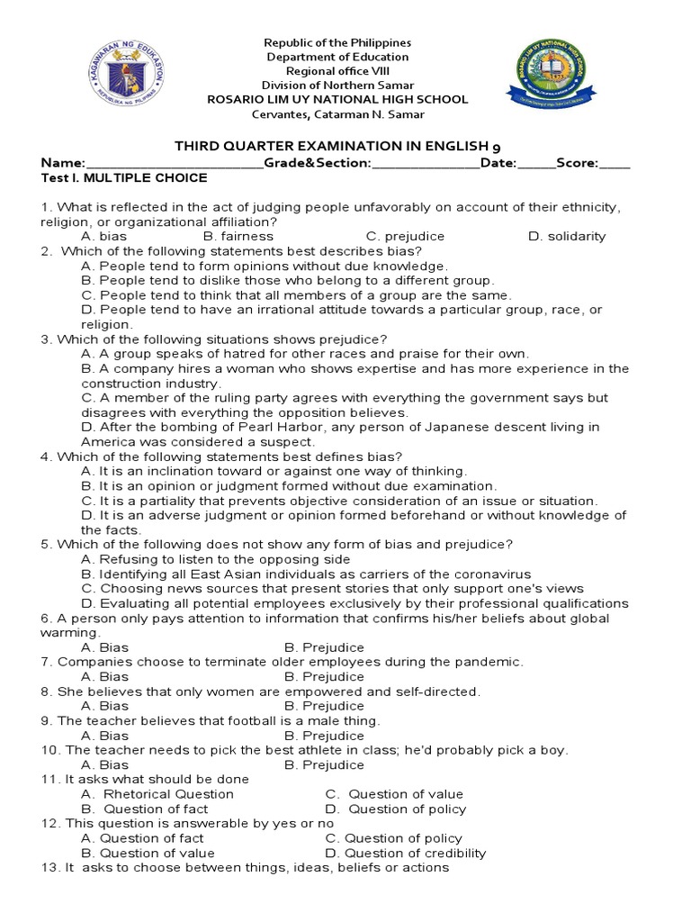 3rd Quarter Exam English 9 FINAL | Download Free PDF | Characters In ...