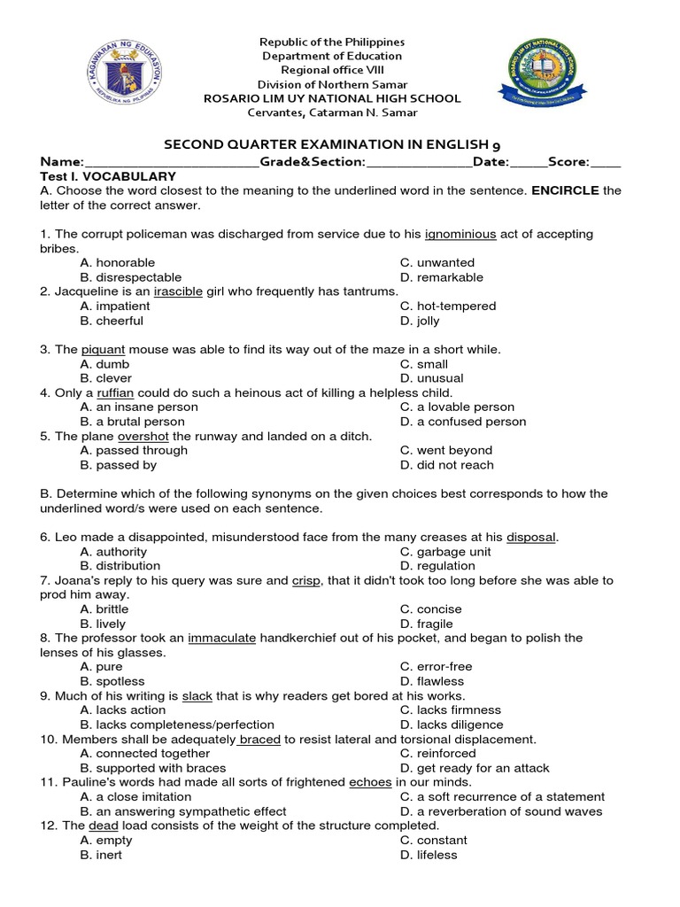 2nd Quarter Exam English 9 FINAL | PDF | Trojan War | Greek Mythology