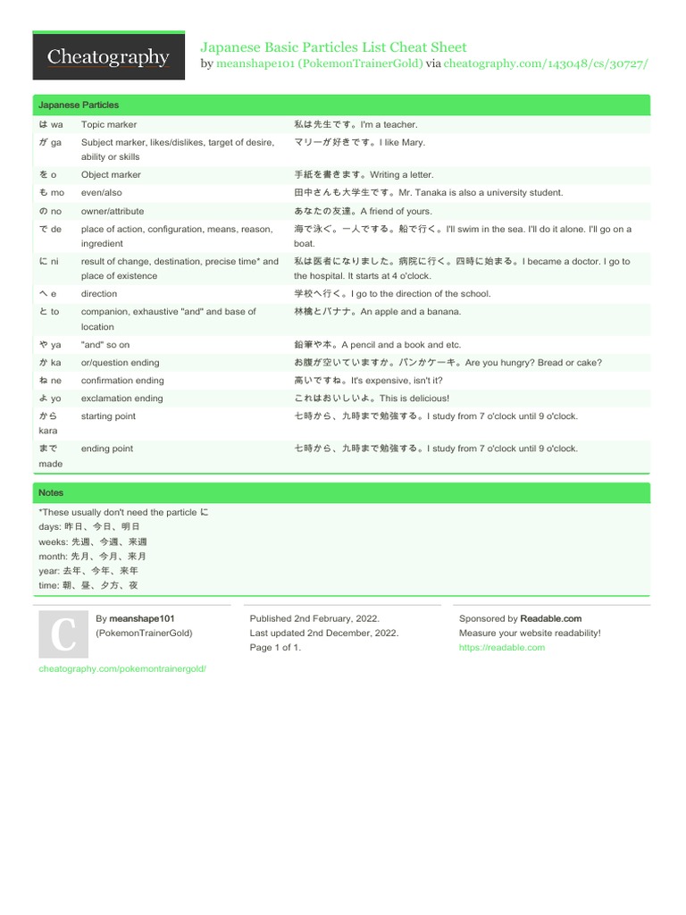 Japanese Particles Cheat Sheet | PDF | Linguistics | Language Families