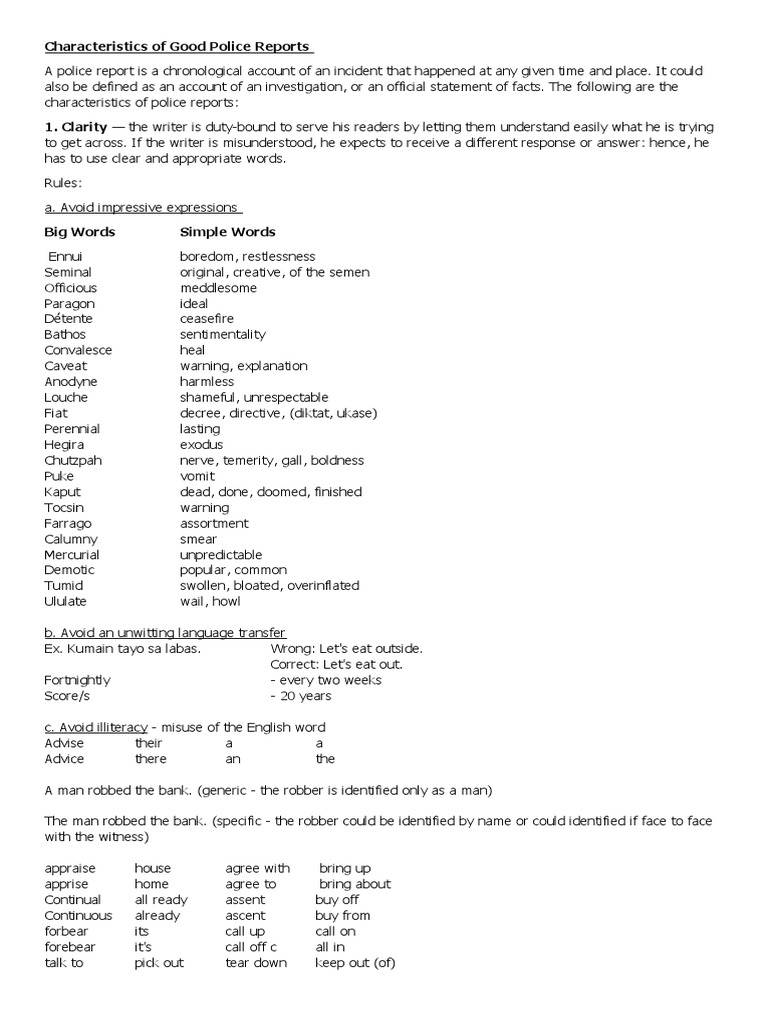 Characteristics of Good Police Reports TECH WRITE 1 | PDF | Classified ...