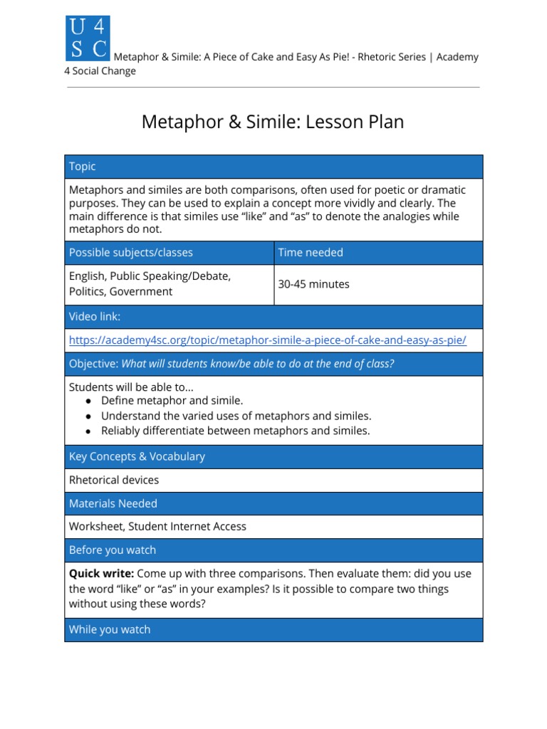 Metaphor Simile Lesson | PDF | Metaphor | Rhetoric