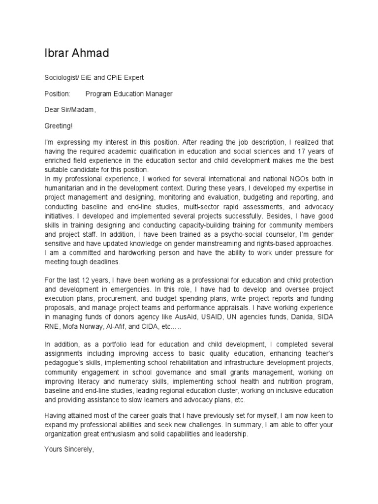 Ibrar Ahmad Cover Letter | PDF | Cognition
