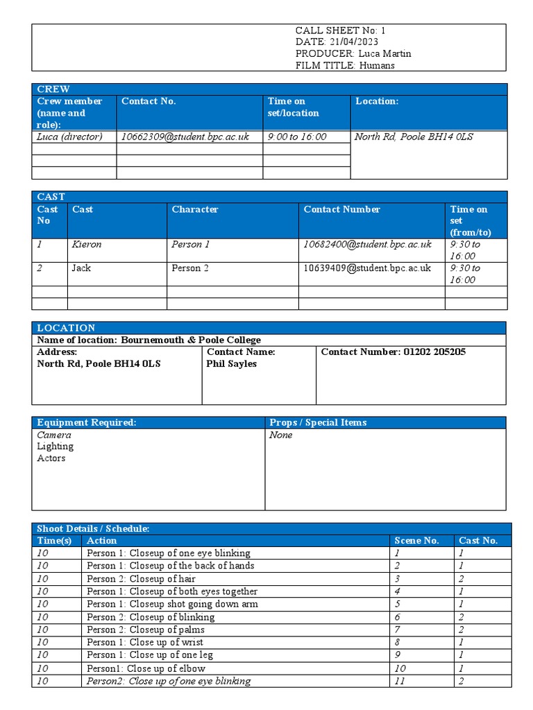 Call Sheet | PDF | Filmmaking