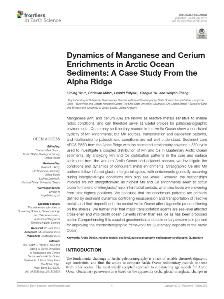 Dynamics of Manganese and Cerium Enrichments in Arctic Ocean Sediments ...