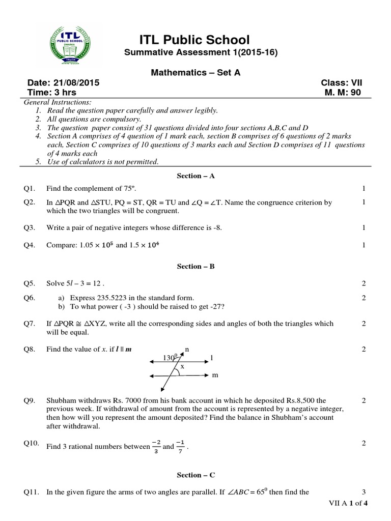CBSE KV Class VII SA I Maths Sample Question Paper 2015 | PDF ...
