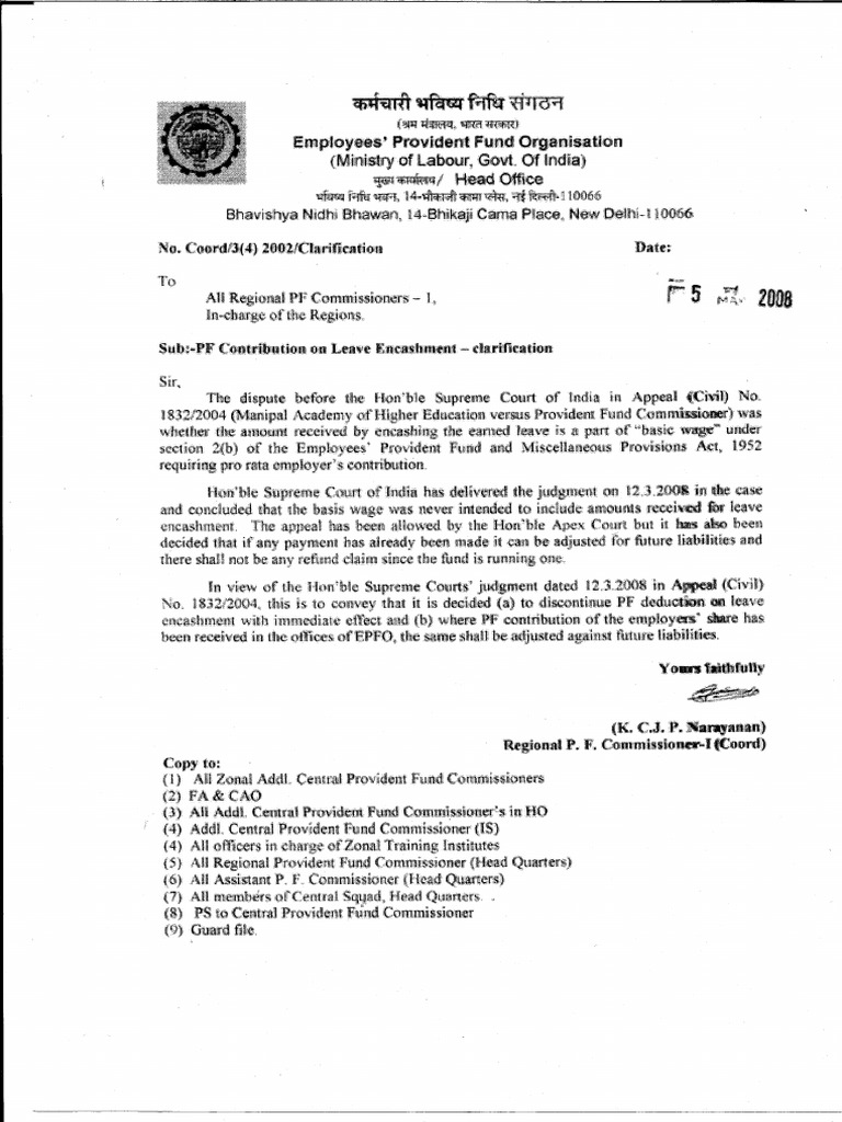 PF Contribution On Leave Encashment - Clarification by EPFO PDF | PDF