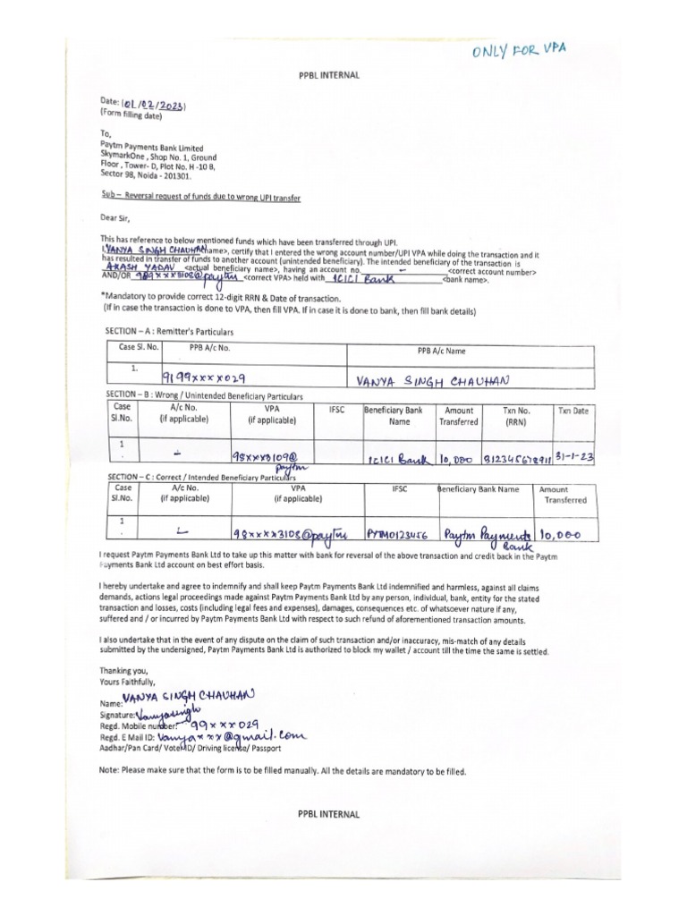 Sample Indemnity Form (VPA - BANK) PDF | PDF