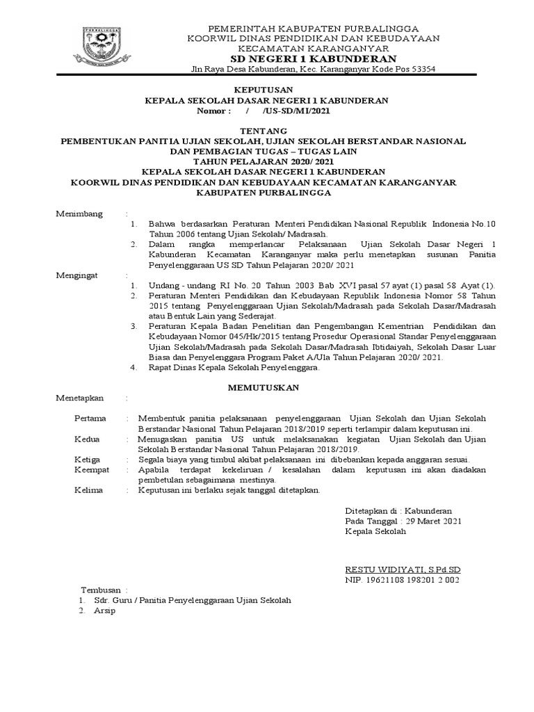 Adm Us 2020-2021 SD N 1 Kabunderan | PDF