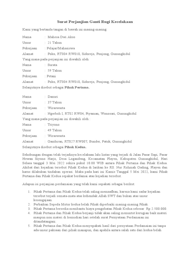 Surat Perjanjian Ganti Rugi Kecelakaan | PDF