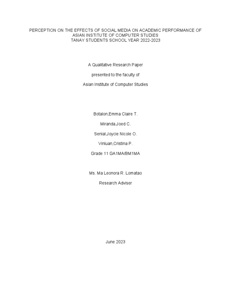 Perception On The Effects of Social Media On Academic Performance of Asian Institute of Computer ...