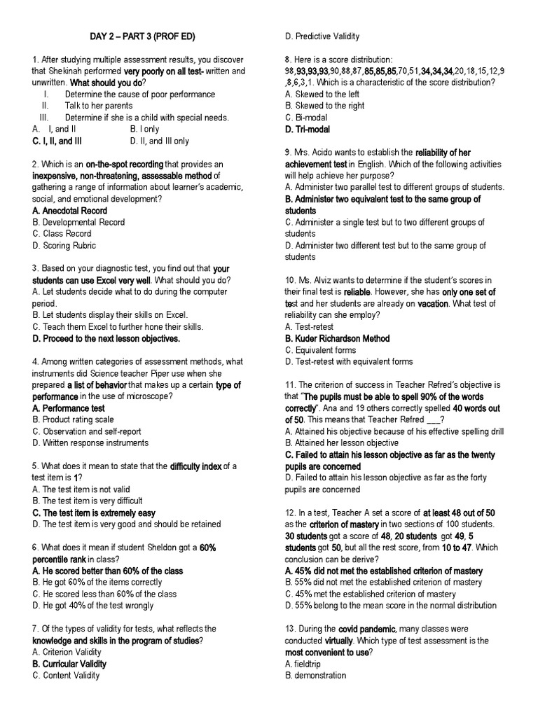 Day 2 - ProfEd (100) Answer Key | PDF