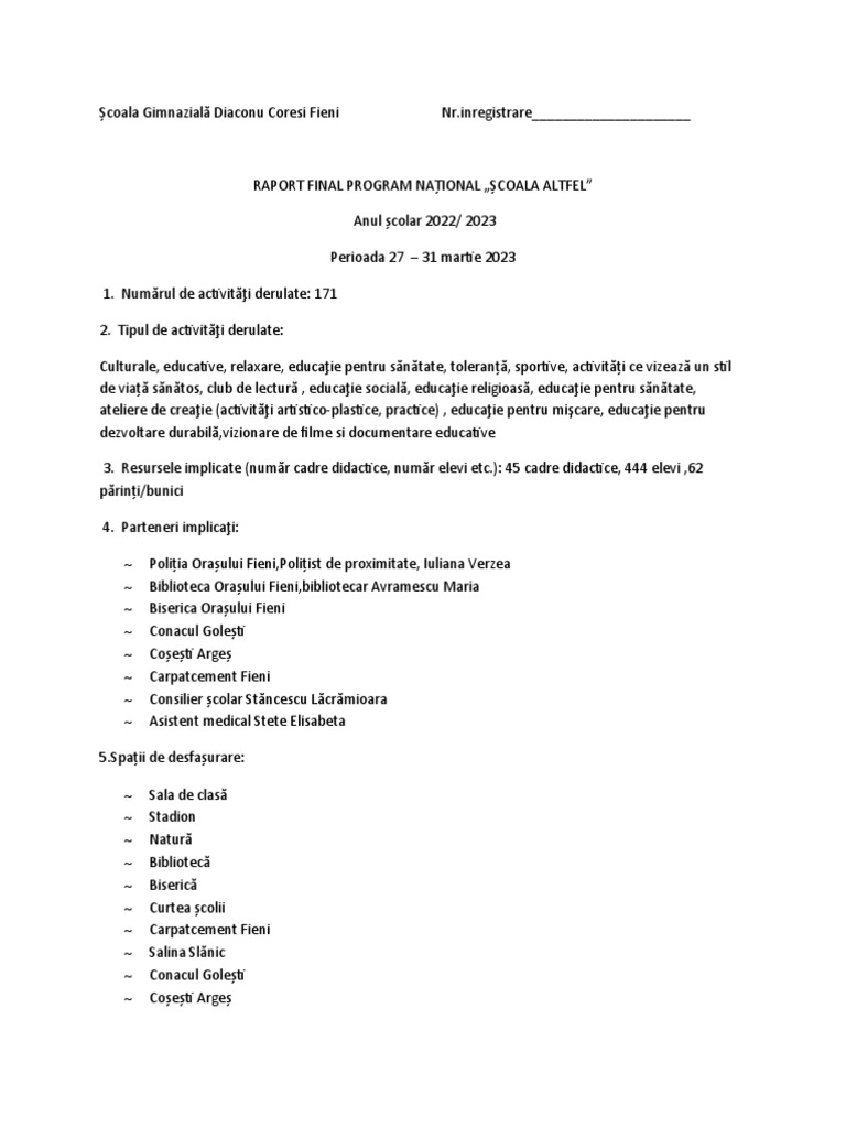 Raport Final Program Național | PDF