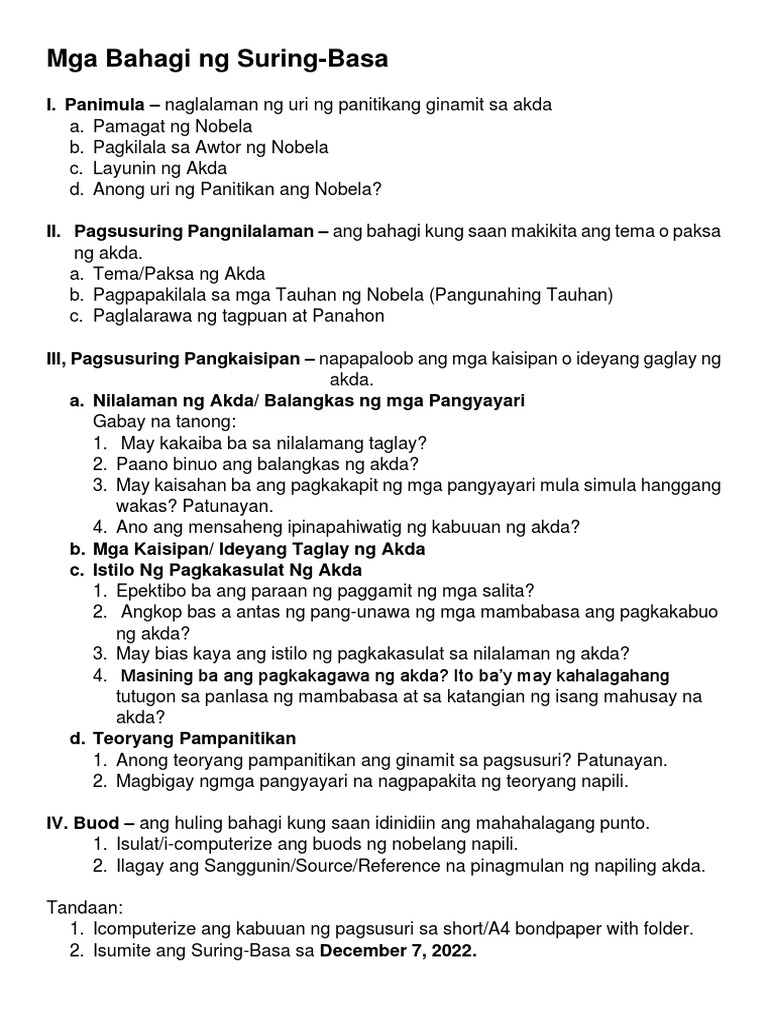 Mga Bahagi NG Suring Basa | PDF