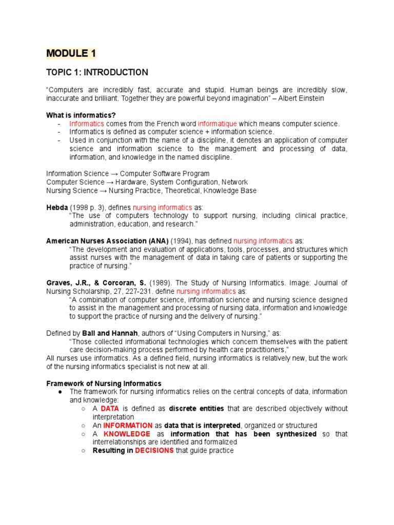 NCM - 110 Nursing Informatics Modules PDF | PDF | Health Informatics ...