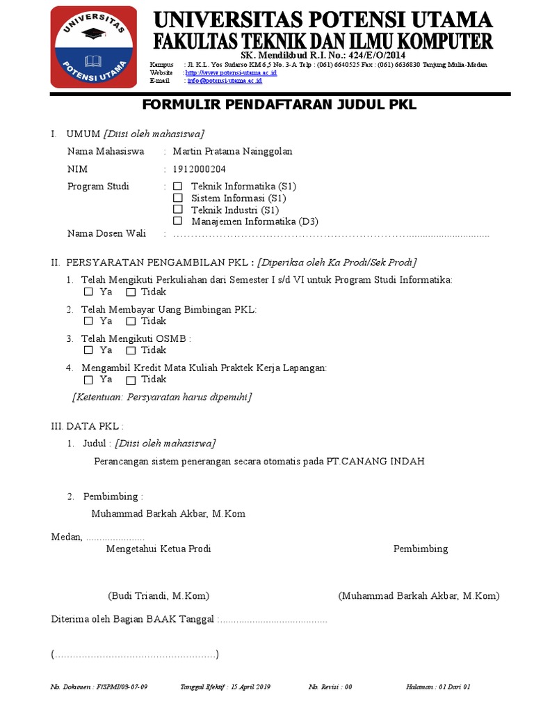 FORMULIR PENDAFTARAN JUDUL PKL Martin | PDF