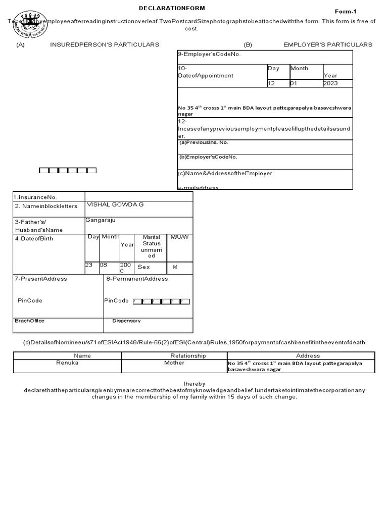 Form 1 ESI Declaration Form 20230111082958 cs70 | PDF | Social Institutions | Justice