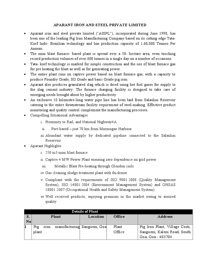 AISPL Note | PDF | Blast Furnace | Iron