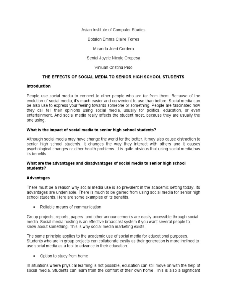 Social Media Impact on High Schoolers | PDF | Social Media | Popular ...