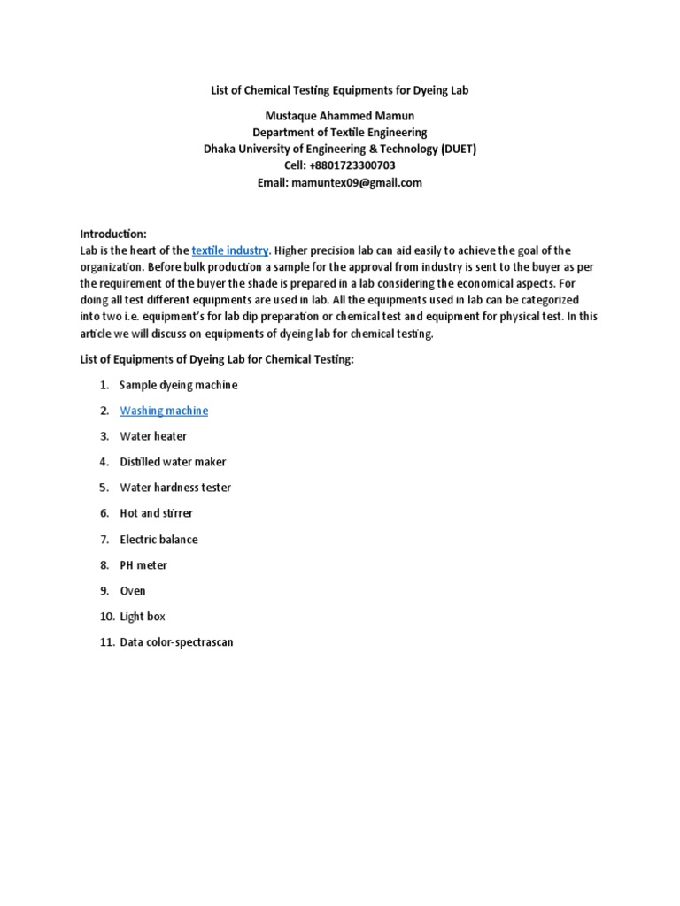Chemical Testing Equipment In Dyeing Lab PDF