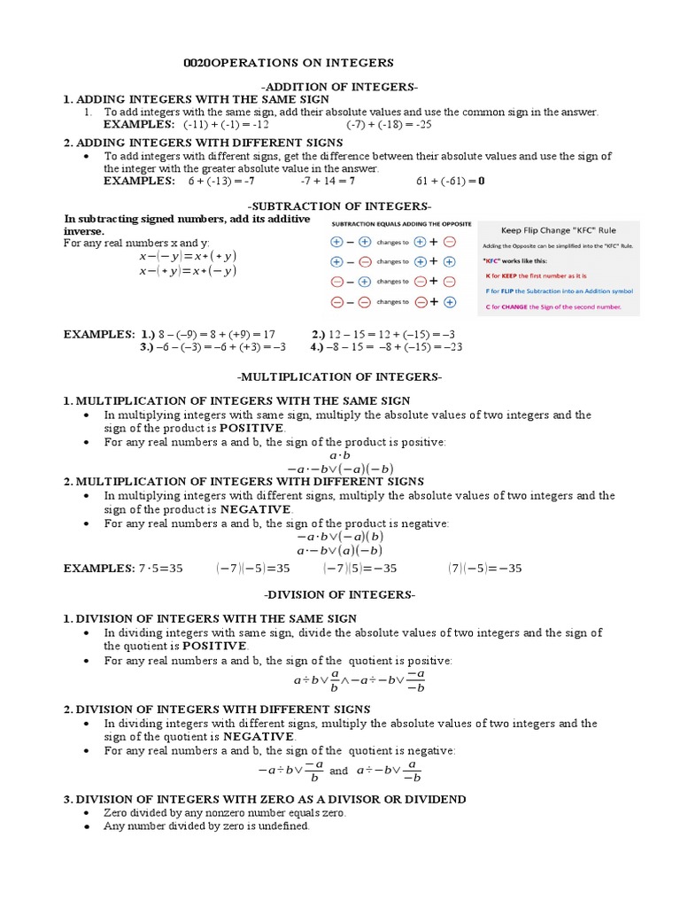 OPERATIONS ON INTEGERS Notes | PDF | Division (Mathematics) | Algebra