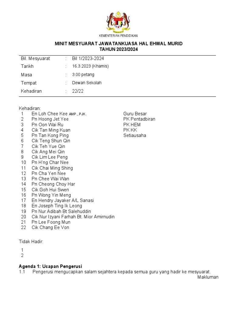 Minit Mesyuarat Hem 1 2023-1 | PDF