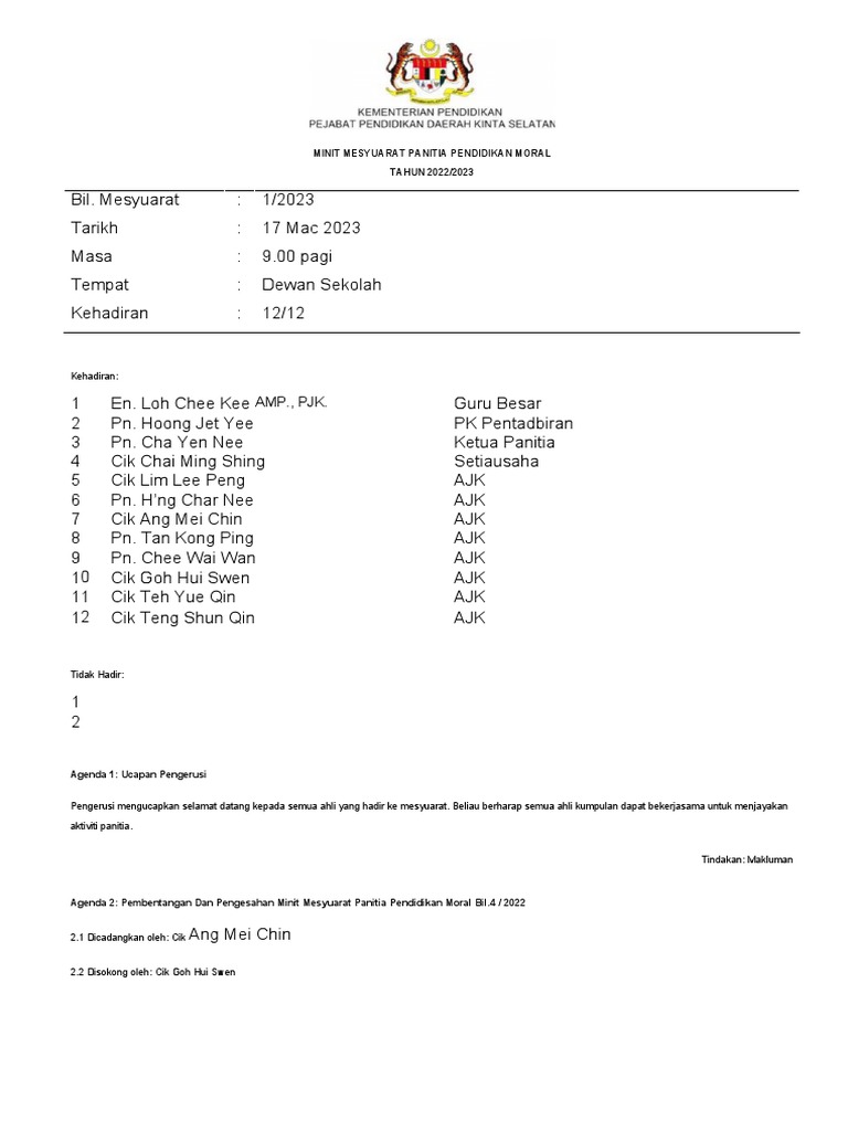 MINIT MESYUARAT PM BIL 1 2023 | PDF