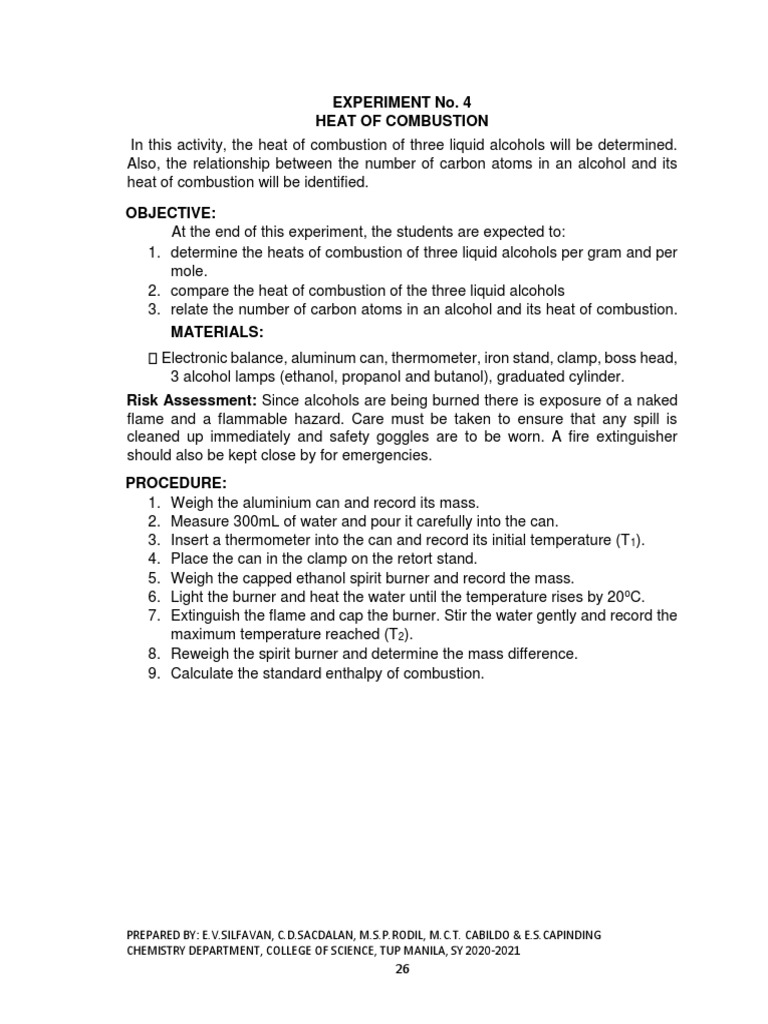 Experiment No. 4 - Heat of Combustion - Lab Data Sheet | PDF | Ethanol | Combustion
