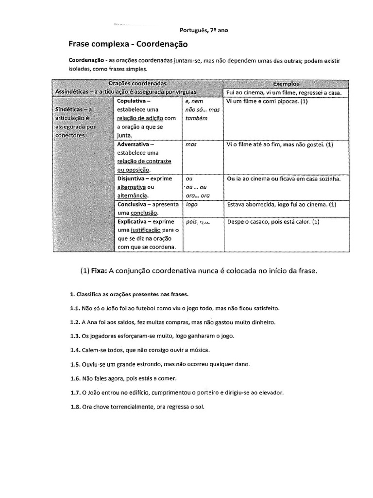Ficha de Trabalho - Frase Complexa - Coordenação - 7ºano | PDF