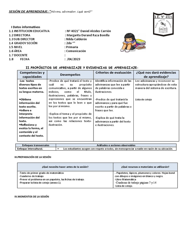 Sesion de Leemos Adivinanzas | PDF | Aprendizaje | Evaluación