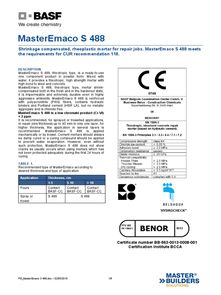 MasterEmaco S 488 Data Sheet | PDF | Concrete | Mortar (Masonry)