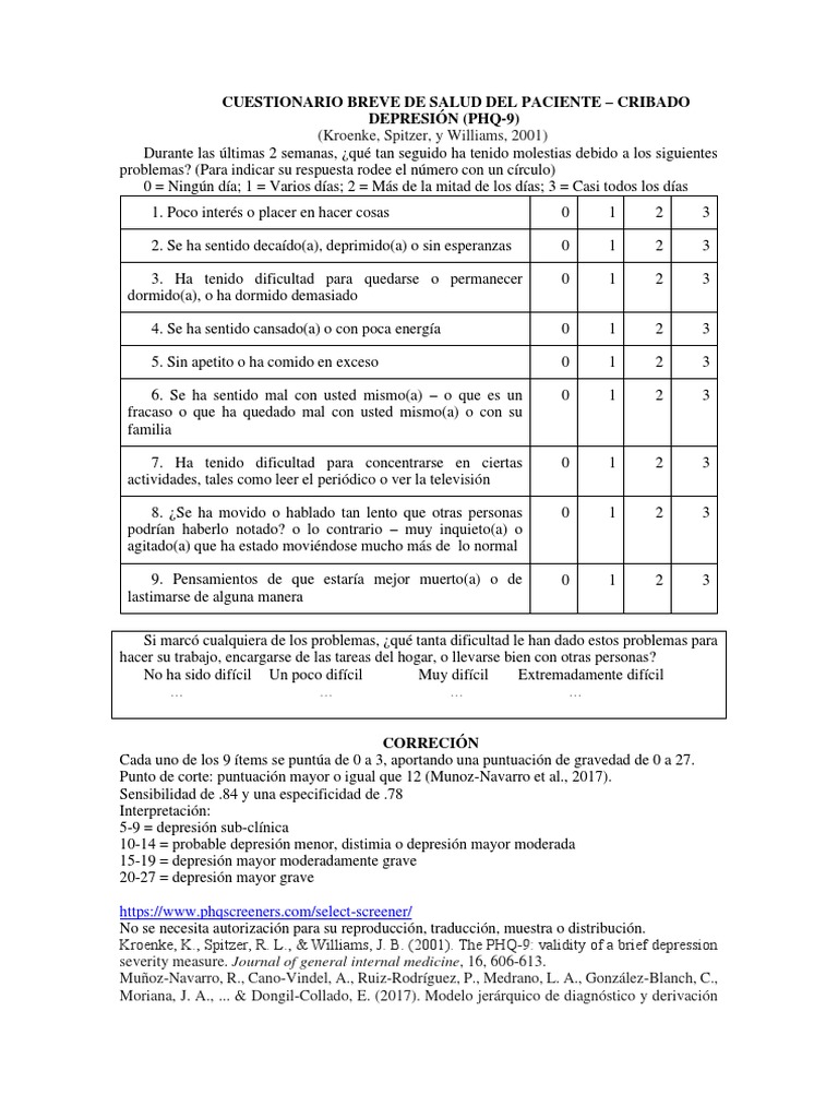 Cuestionario Breve de Salud Del Paciente - Cribado Depresión PHQ 9 | PDF | Trastorno depresivo ...