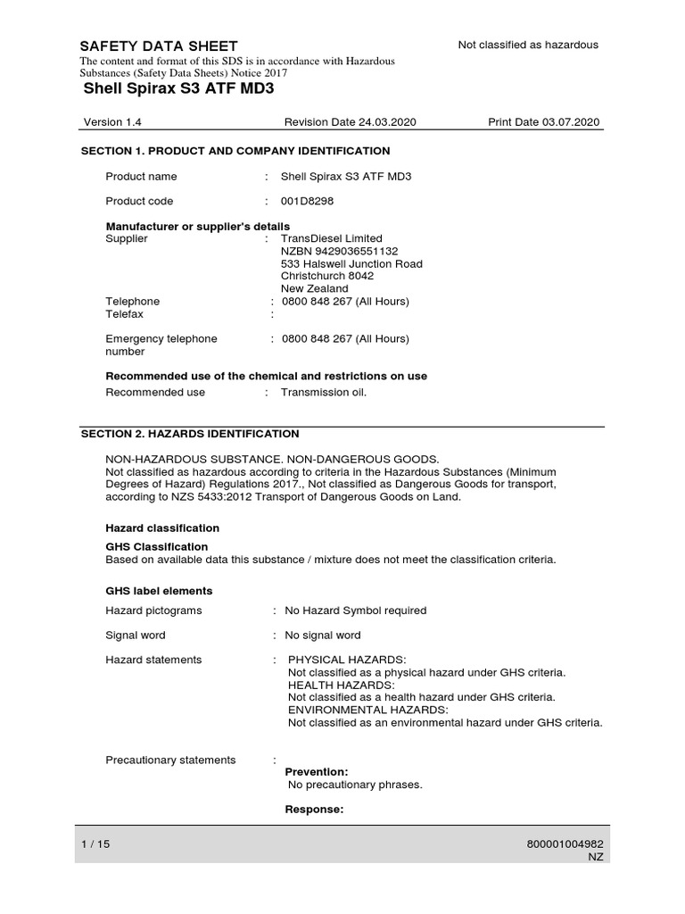 Shell Spirax S3 ATF MD3: Safety Data Sheet | PDF | Toxicity | Personal ...