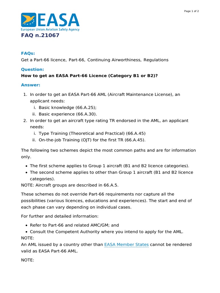 EASA - How To Get An EASA Part66 Licence Category B1 or B2 | PDF ...