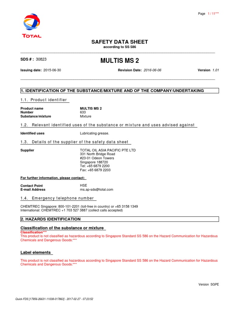 Sds Multis Ms 2 Rev2016 | PDF | Toxicity | Personal Protective Equipment