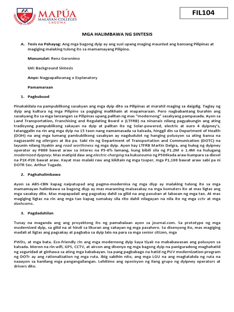 MGA HALIMBAWA NG SINTESIS.pdf | PDF