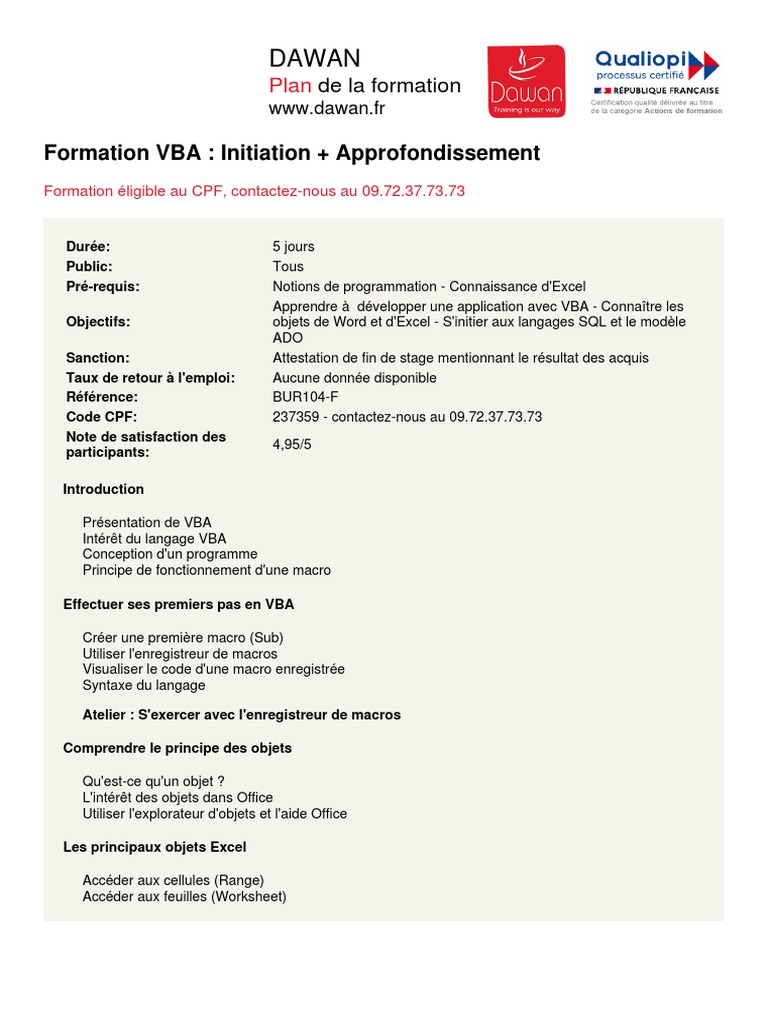 VBA Initiation Approfondissement | PDF | Microsoft Excel | Microsoft Access VBA Initiation Approfondissement | PDF | Microsoft Excel | Microsoft Access