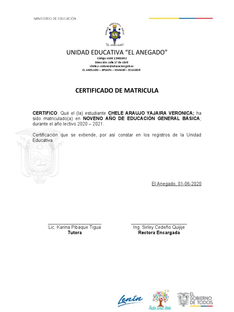 Certificado de Matricula 2020 | PDF