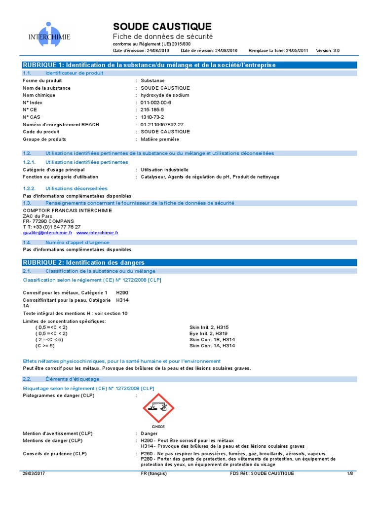 Fiche de sécurité de la soude caustique | PDF | Hydroxyde de sodium ...