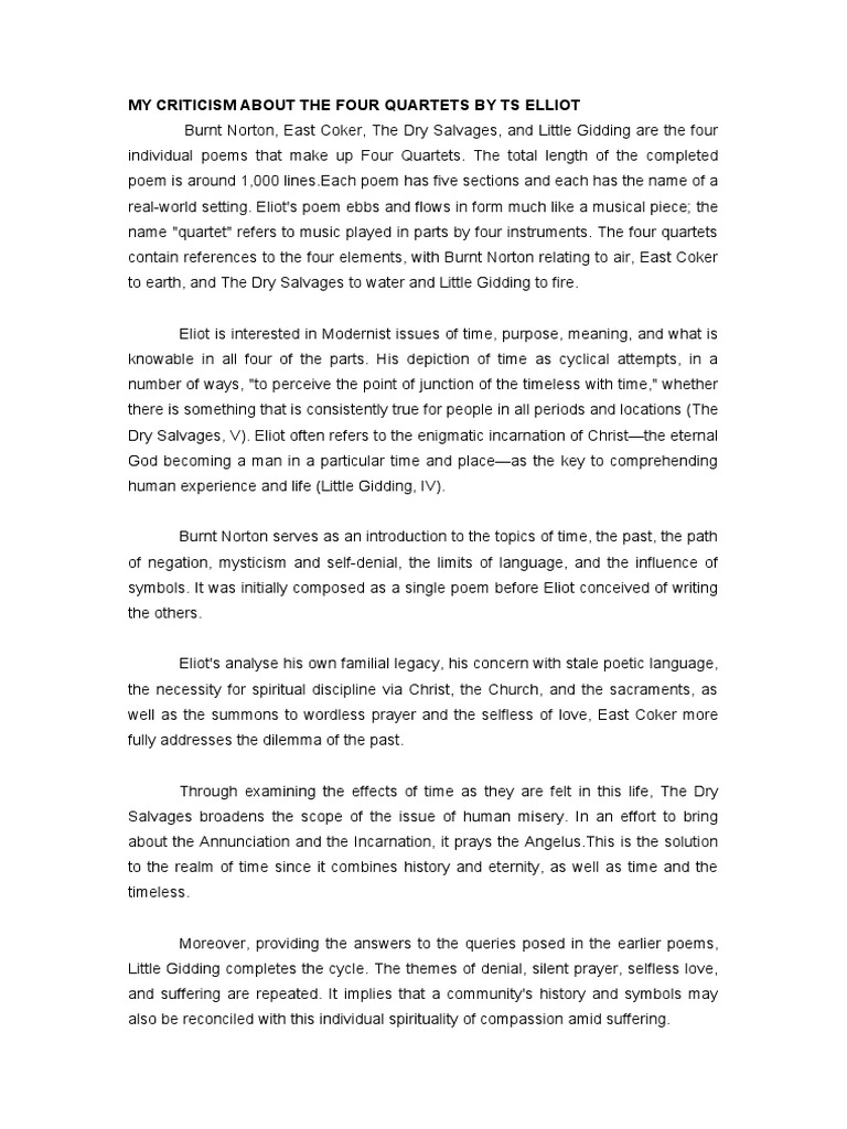 My Criticism About The Four Quartets | PDF | Poetry | T. S. Eliot