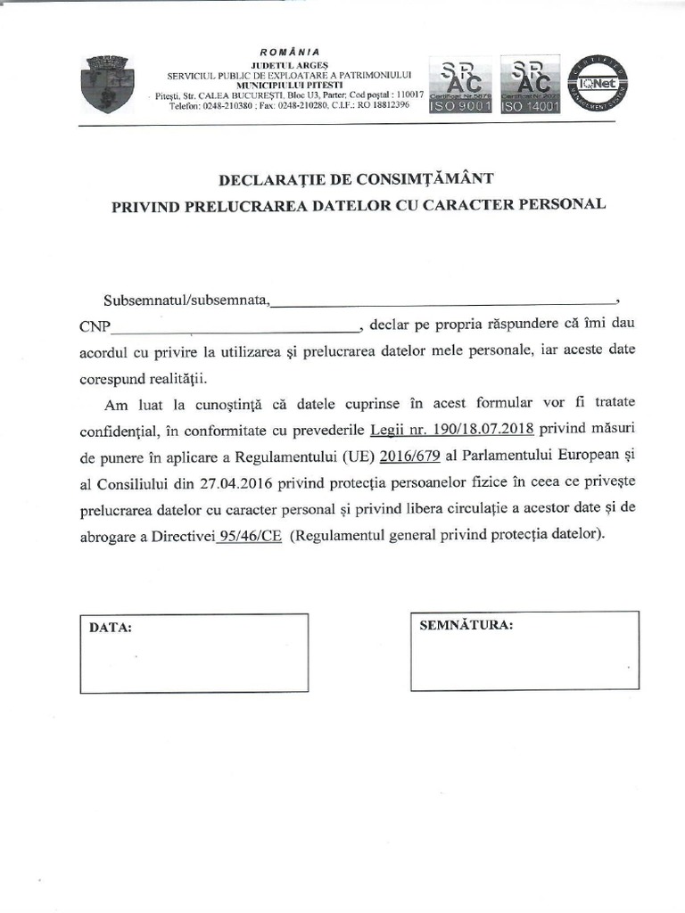 Declaratie de Consimtamant PT Prelucrarea Datelor Cu Caracter Personal PDF | PDF