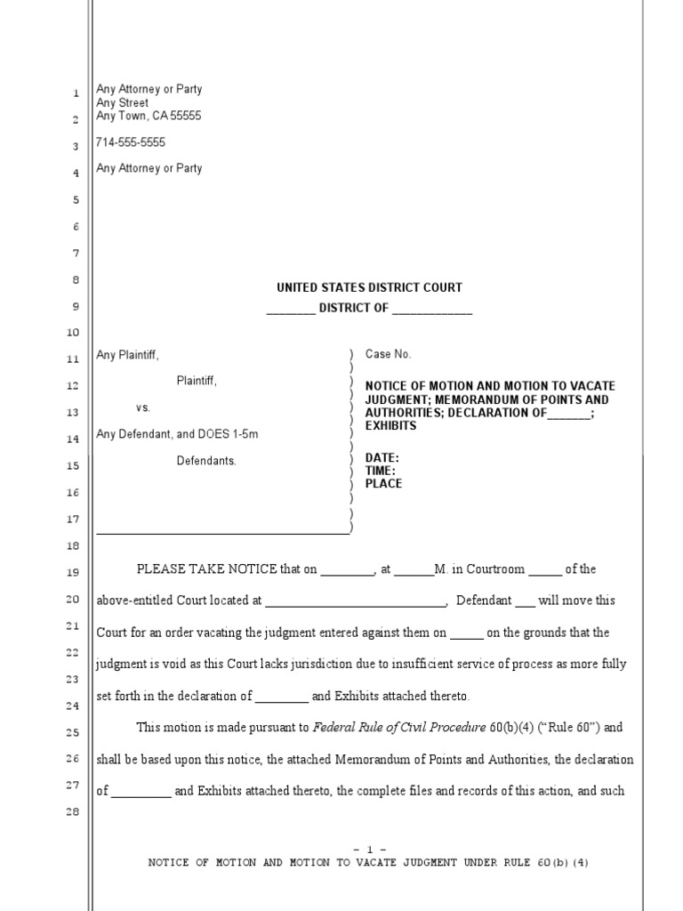 Sample Motion To Vacate Judgment Under Rule 60 (B) | Download Free PDF ... Sample Motion To Vacate Judgment Under Rule 60 (B) | Download Free PDF ...