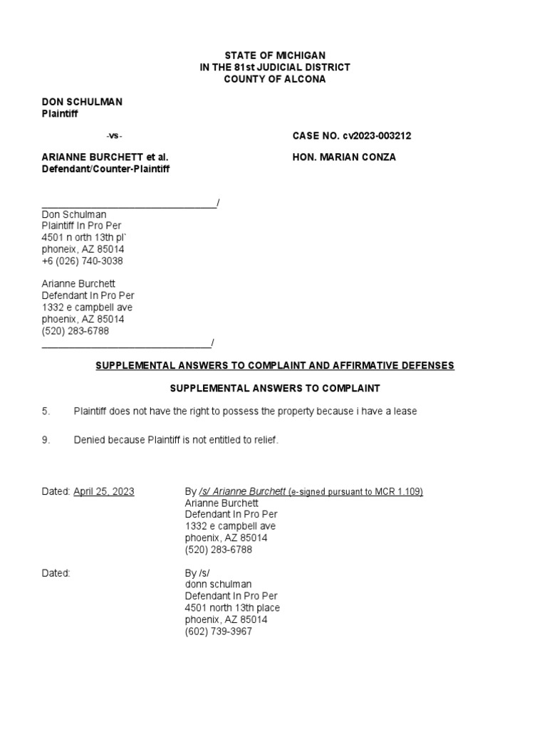 Supplemental Answers, Defenses, Counterclaim - Possession | PDF