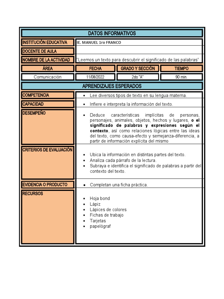 Sesion Texto Descriptivo Significado De Palabras Pdf Evaluación