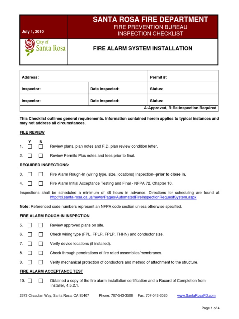 Fire Alarm System Installation Inspection Checkllist PDF | PDF ...