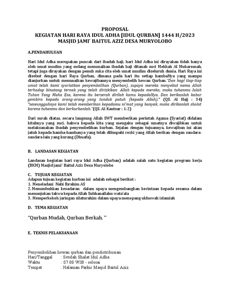 PROPOSAL KEGIATAN IDUL ADHA Docx | PDF