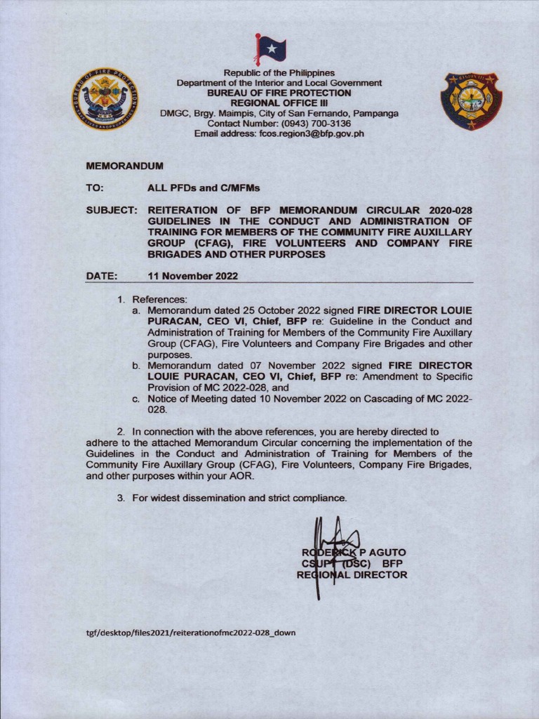 Reiteration of BFP Memorandum Circular 2020-028 Guidelines in The ...