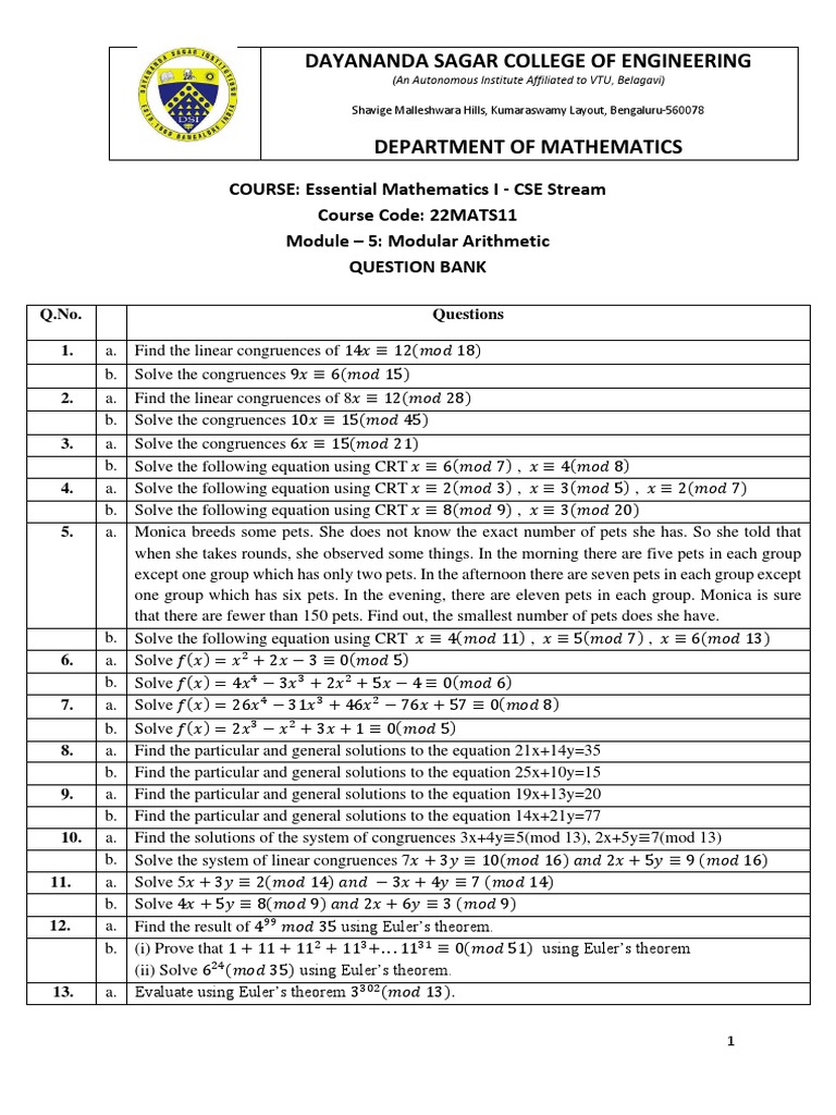 1 Sem Module 5 Modular Arithmetic Qb Pdf Pdf Encryption Key Cryptography