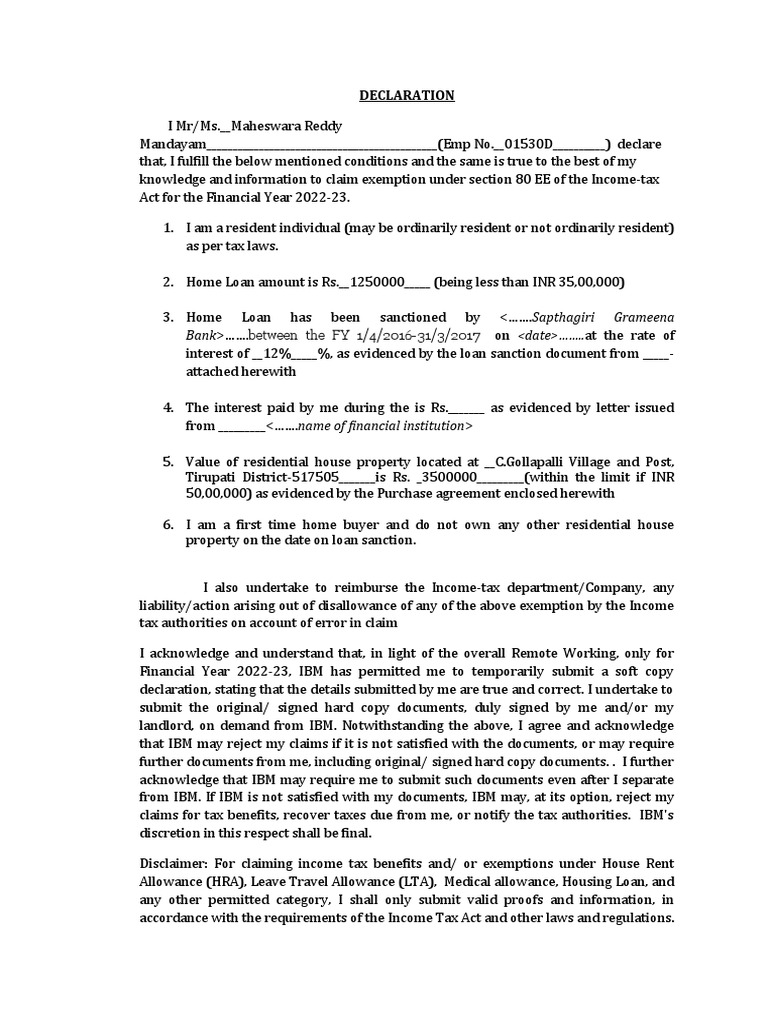 Declaration - Home Loan (Section 80EE) - 1 | PDF